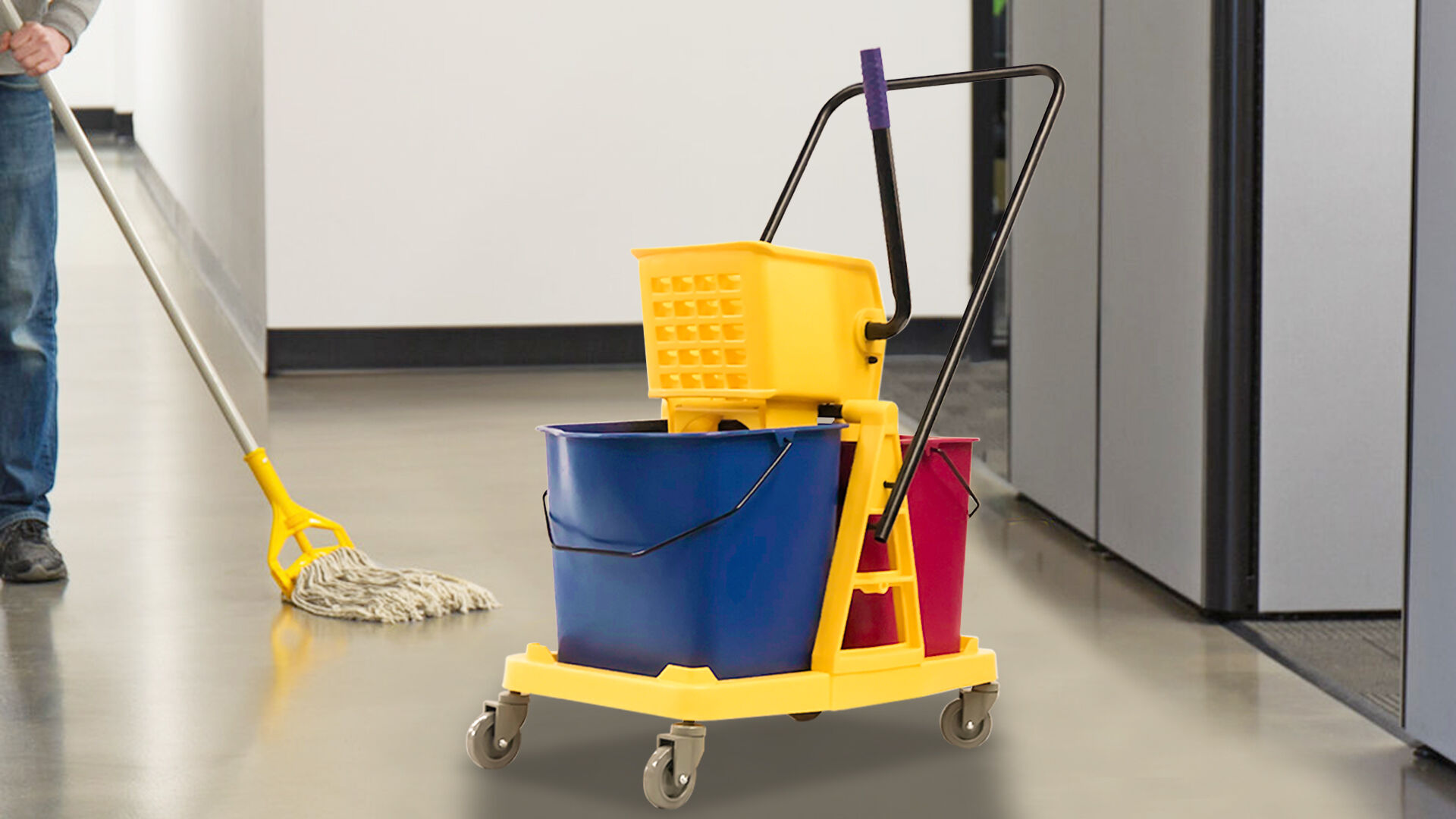 46L Double Mop Bucket Trolley with Wringer, Polypropylene, Yellow ...