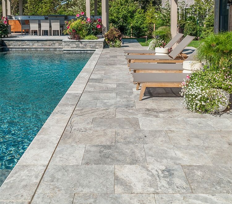 Natural Silver Grey Travertine Pool Coping Stone | Bullnose Edge, ISO ...