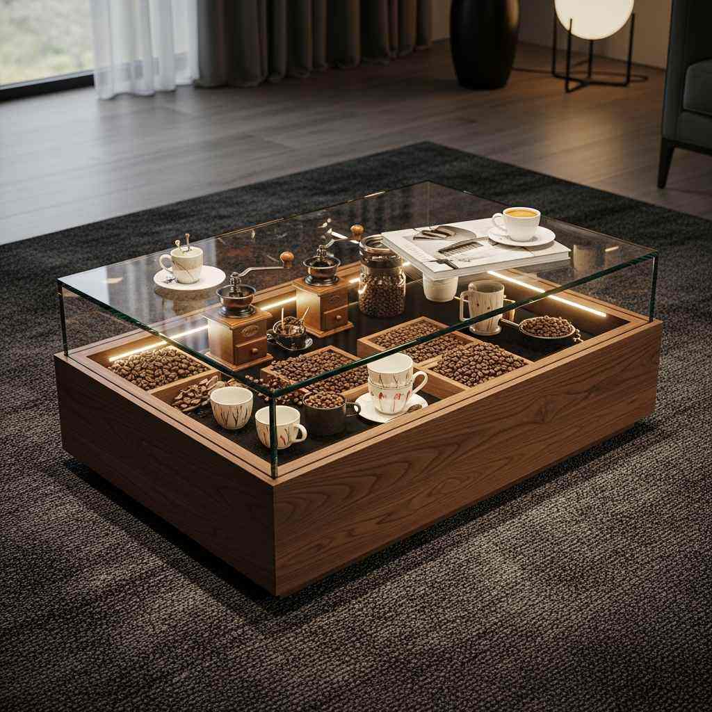 Industrial Display Box Coffee Table – Tempered Glass, LED Lighting ...