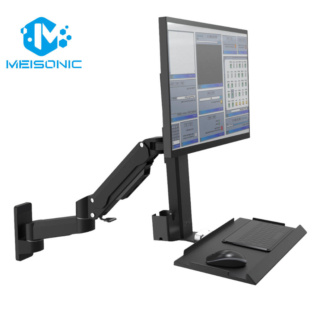 T8-GA02KB Black Industrial workstation Gas Spring Monitor Arm Wall Mounted with Keyboard Size ...
