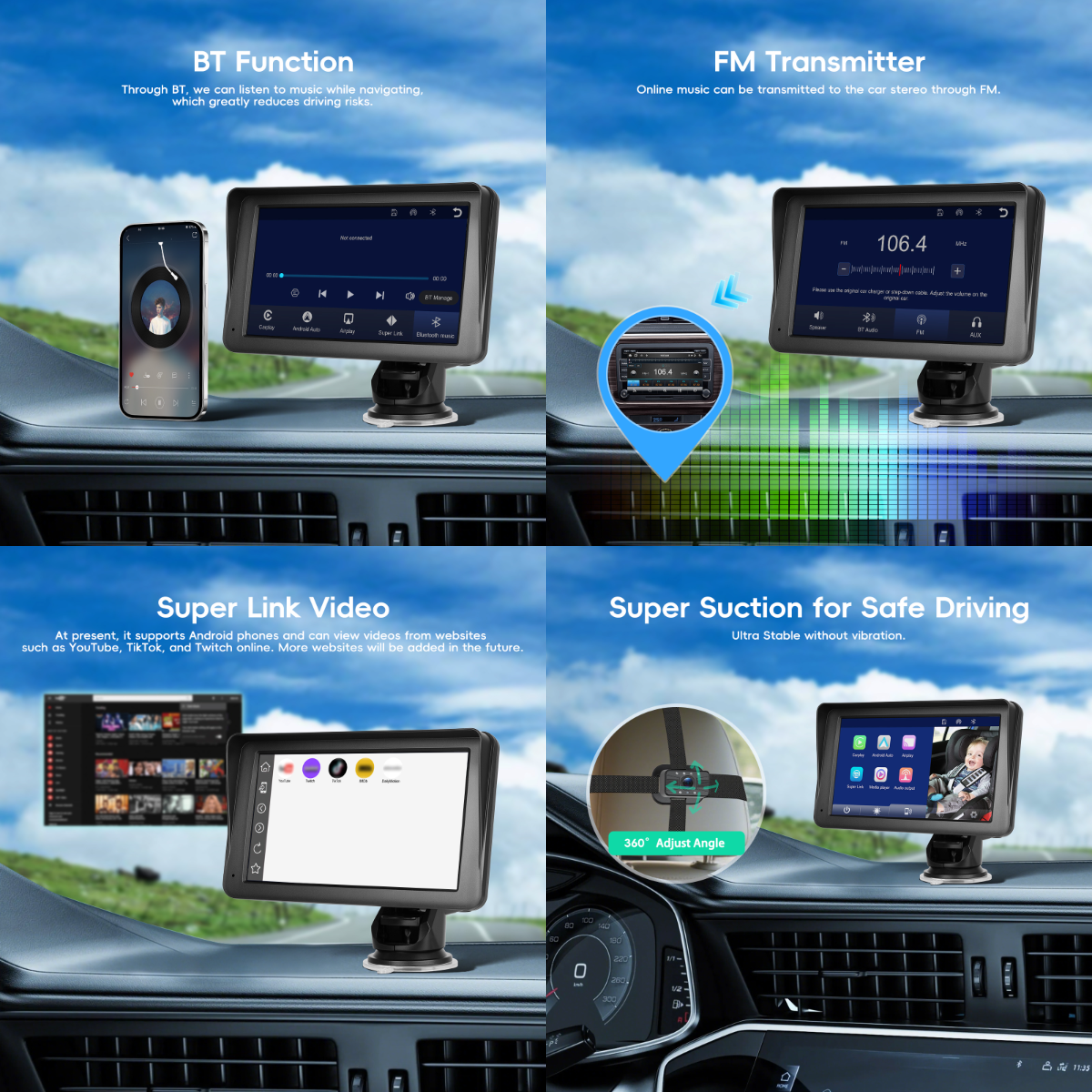 Podofo 7-inch Car Baby Monitor Portable Wireless CarPlay Android Auto ...
