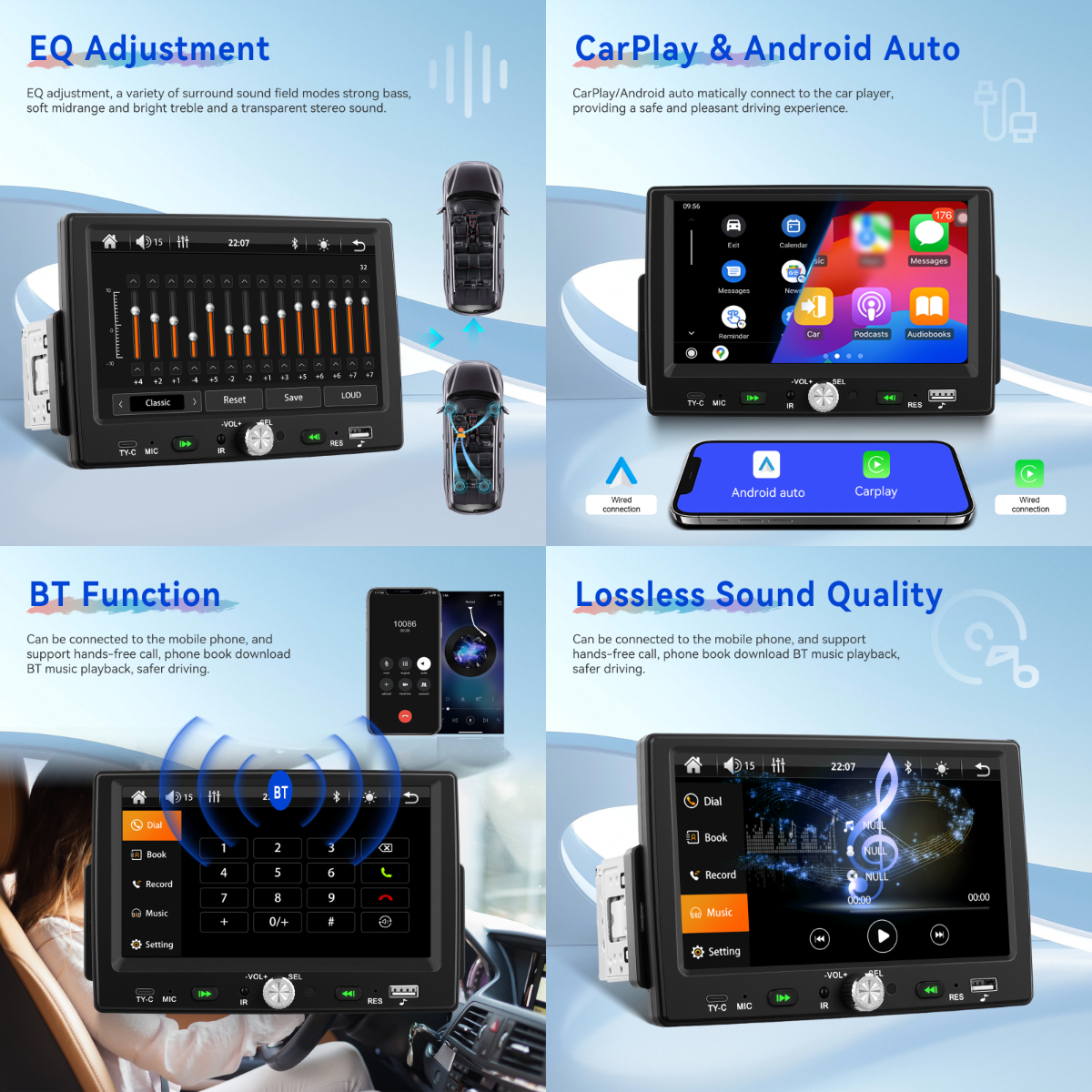 Podofo 7" Single Din Car Stereo Car Radio Carplay Android Auto Incell ...