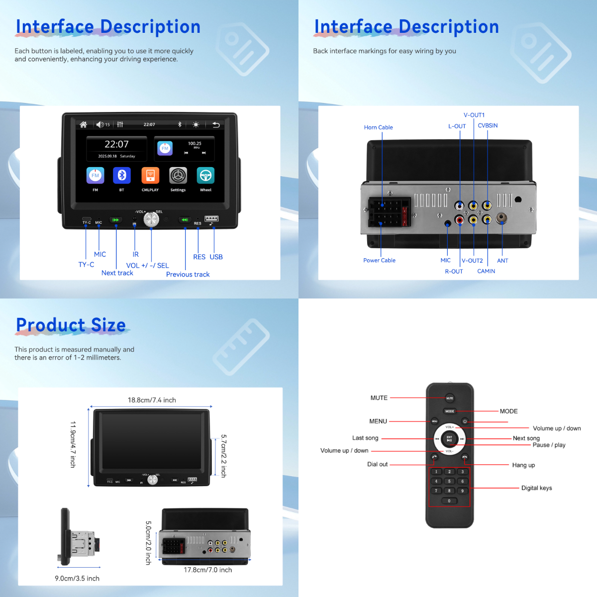 Podofo 7" Single Din Car Stereo Car Radio Carplay Android Auto Incell ...