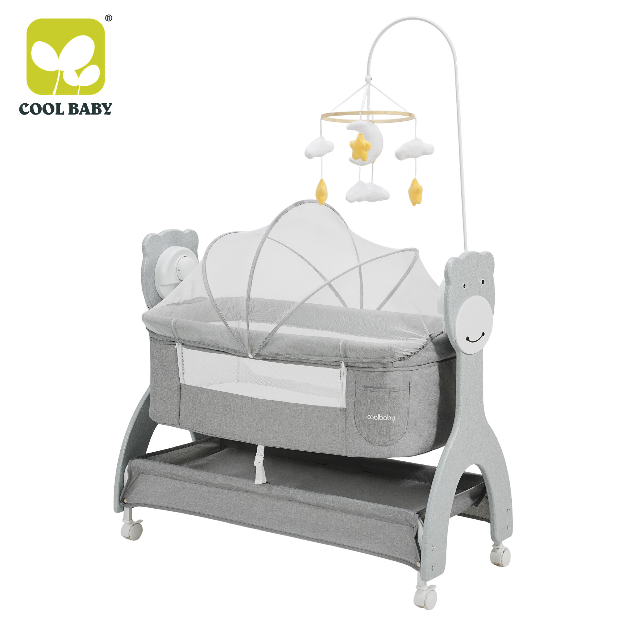 Electric Baby Crib with Bear Printing & 3-Speed Rocking