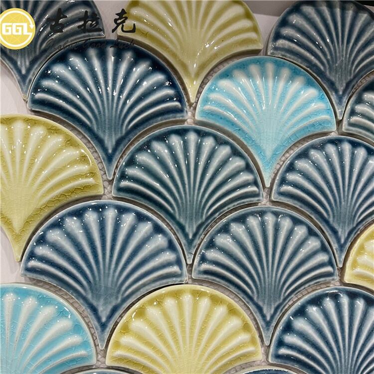 Fan Shape Ceramic Mosaic Tile Shell Design Blue Yellow Mosaic Tile ...