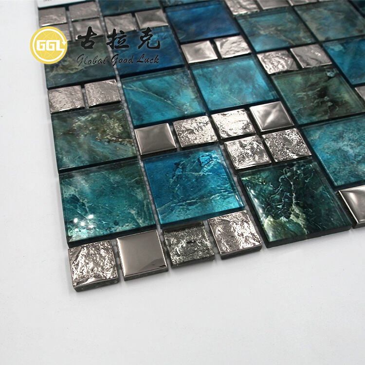 Crystal Glass Blend Stainless Steel Glossy Square Glass Mosaic Tile ...