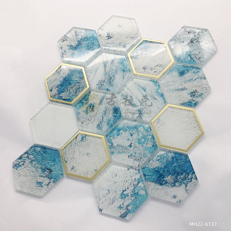 Blue Crystal Glass Pattern Mix Sliver-Rimmed And Gold Edged Mosaic Tile ...
